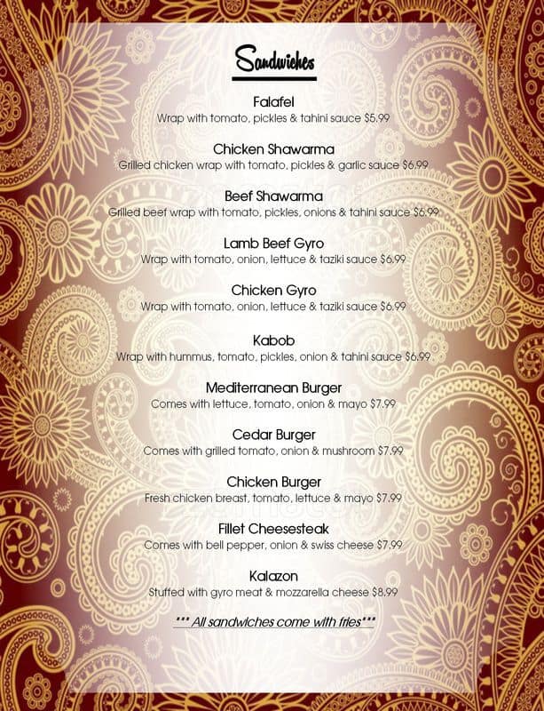 Menu at Cedar Mediterranean restaurant, San Antonio