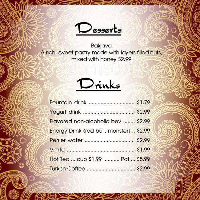 Menu at Cedar Mediterranean restaurant, San Antonio