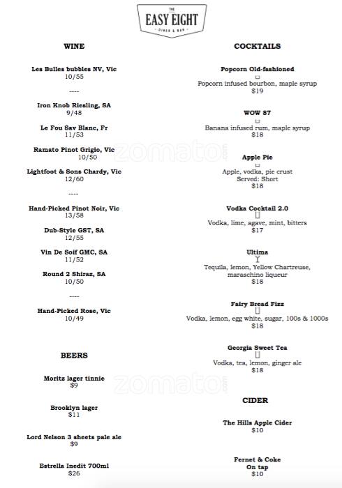 Easy Eight Menu, Menu for Easy Eight, CBD, Sydney - Urbanspoon/Zomato