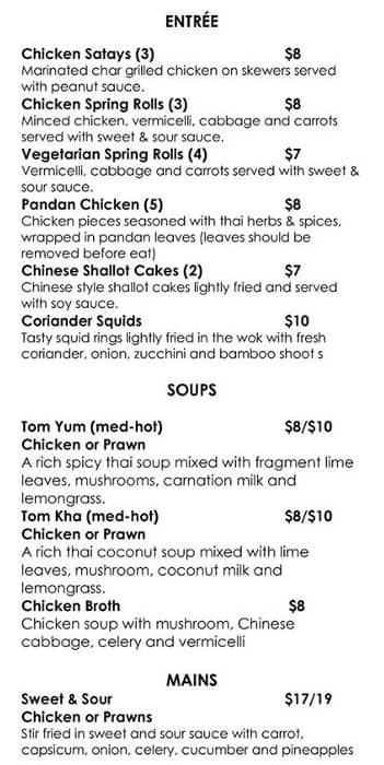 Menu at Paya Thai restaurant, Sturt