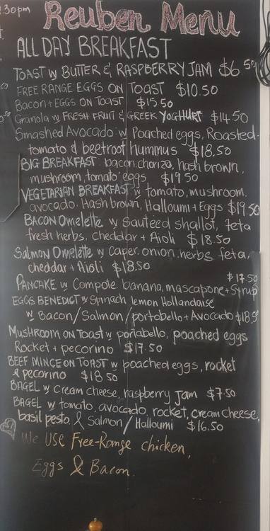 Menu at Reuben Cafe, Auckland, 229/231 Symonds St