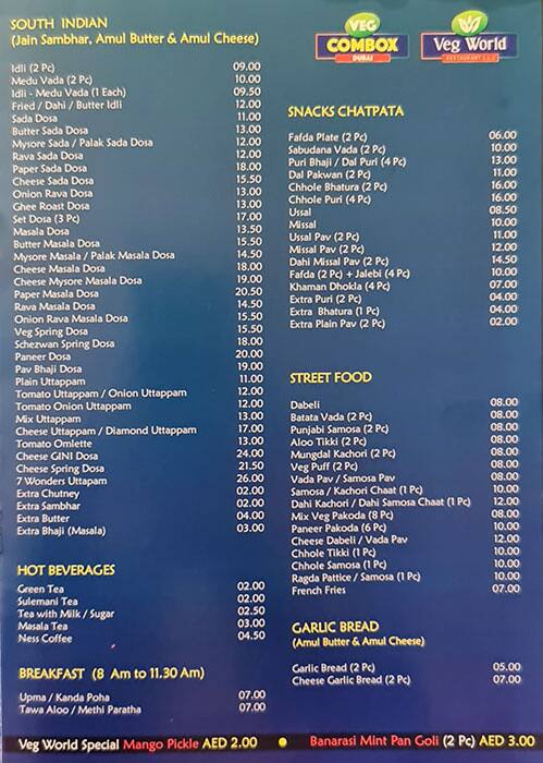 Menu at Veg World Restaurant LLC., Dubai, Meena Bazar