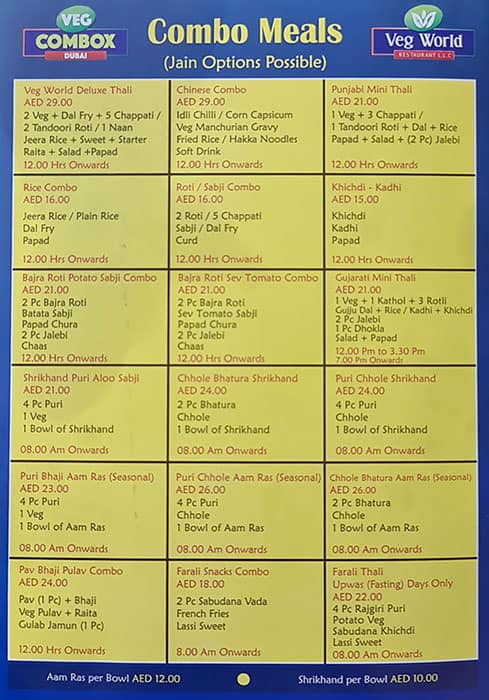 Menu at Veg World Restaurant LLC., Dubai, Meena Bazar