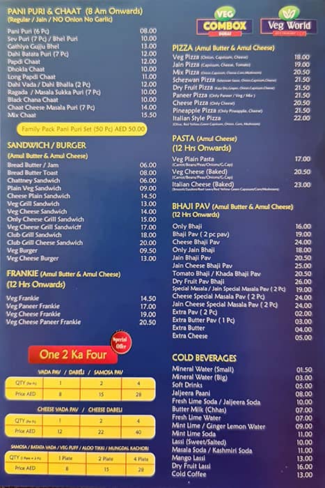 Menu at Veg World Restaurant LLC., Dubai, Meena Bazar