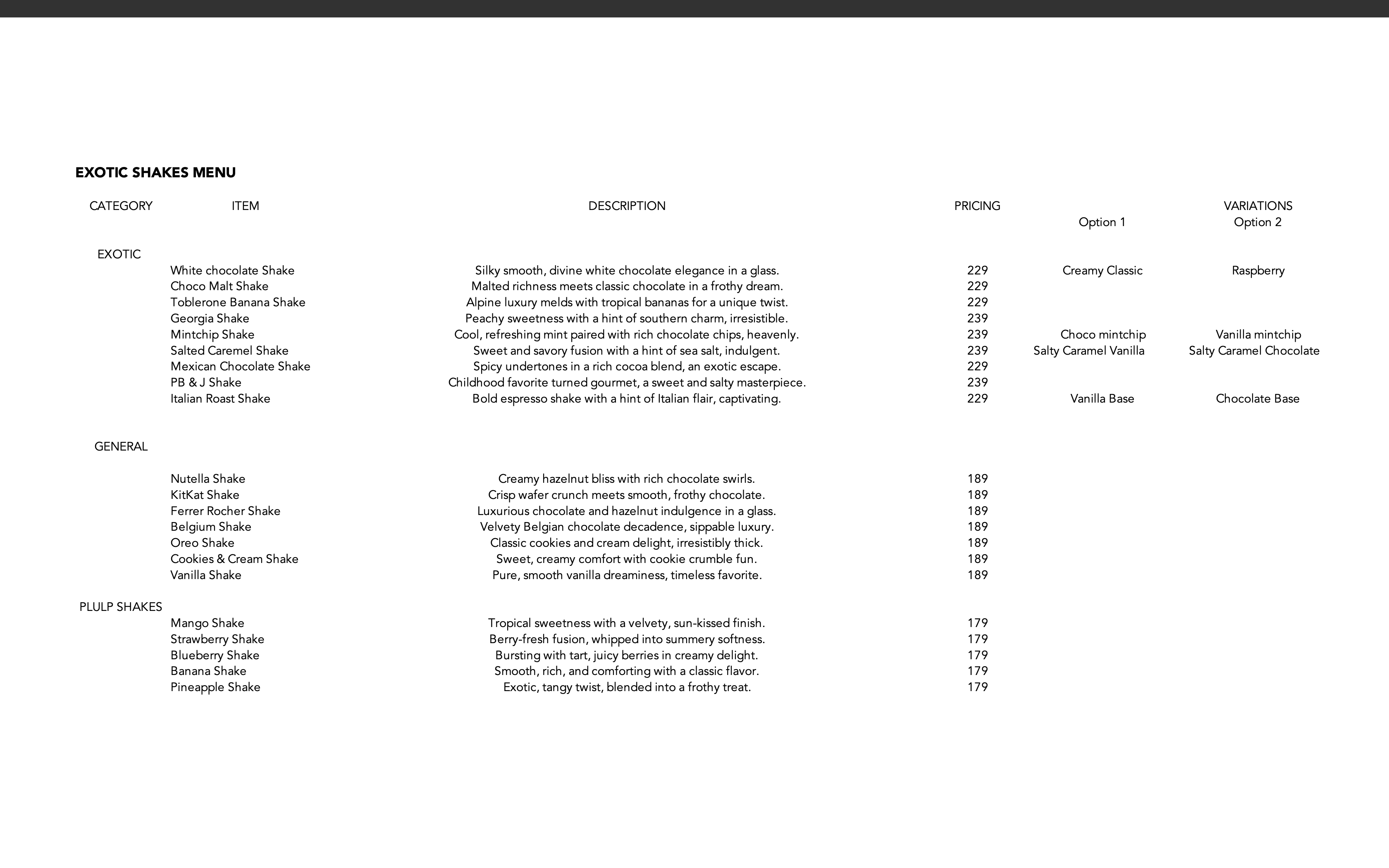 Menu of Exotic Shakes - Milkshake & Thickshake, Madhapur, Hyderabad