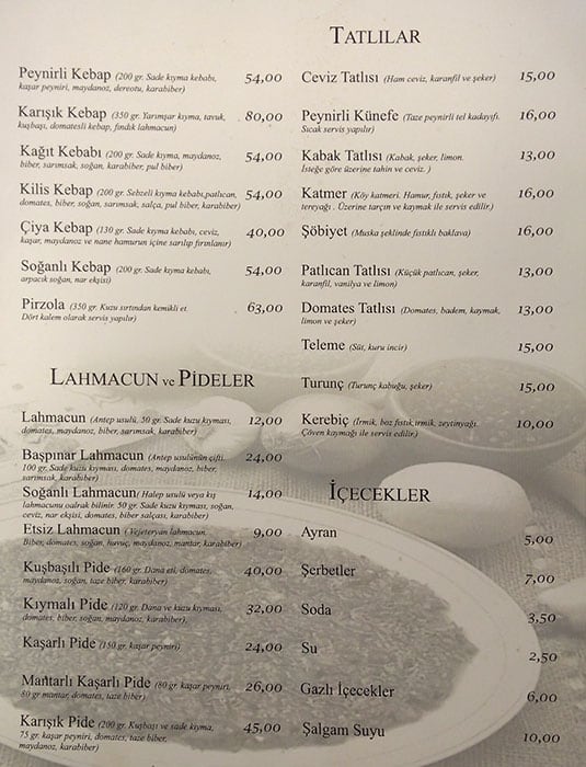 Menu at Çiya Kebap, Istanbul