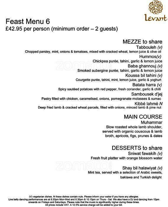 Menu at Levant restaurant, London, 76 Wigmore St