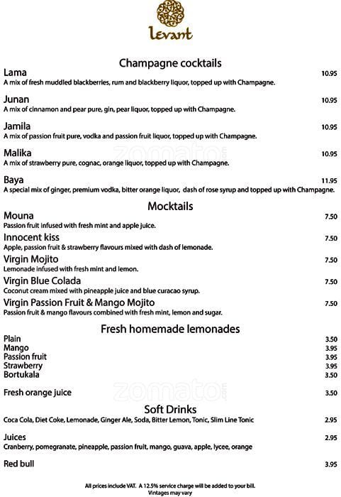 Menu at Levant restaurant, London, 76 Wigmore St