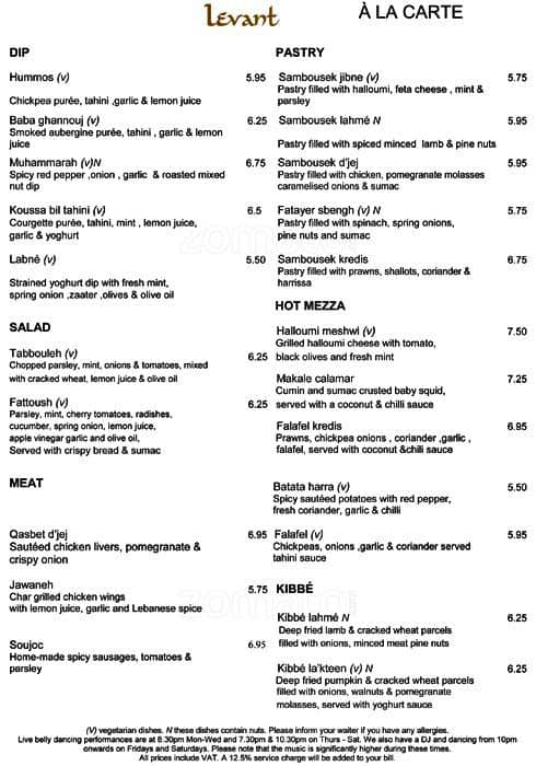 Menu at Levant restaurant, London, 76 Wigmore St