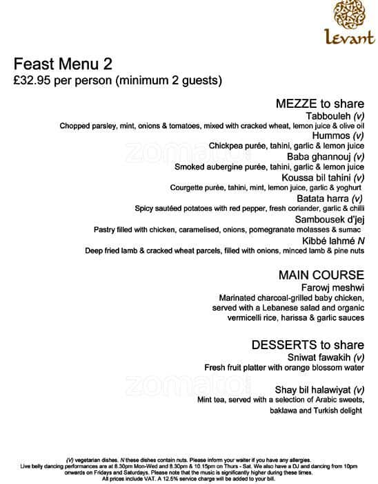 Menu at Levant restaurant, London, 76 Wigmore St