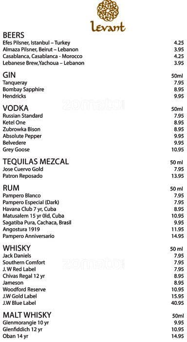 Menu at Levant restaurant, London, 76 Wigmore St