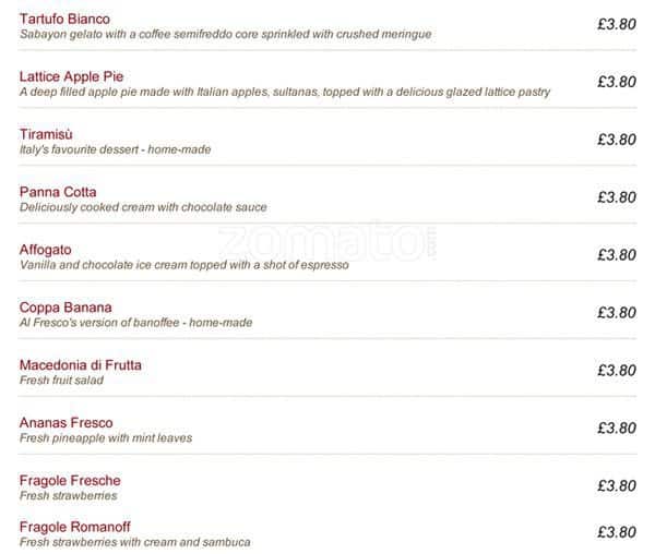 Menu at Al Fresco - Cockfosters restaurant, Barnet, 21-22