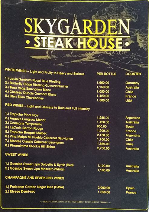 Menu at Sky Garden Steak House - Ace Hotel & Suites, Pasig