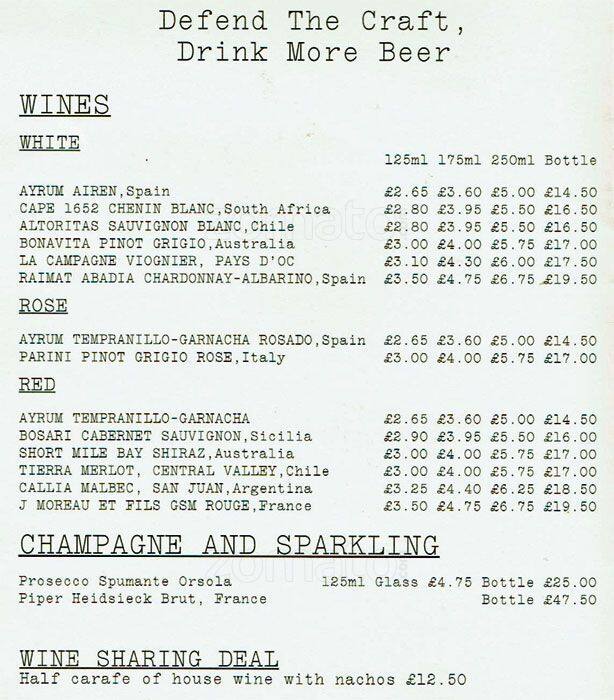 Menu at The Southern Bar, Edinburgh