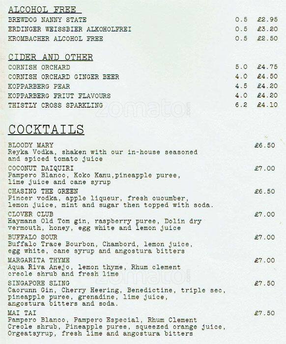 Menu at The Southern Bar, Edinburgh