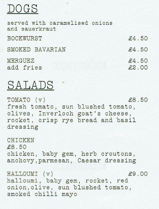 Menu at The Southern Bar, Edinburgh