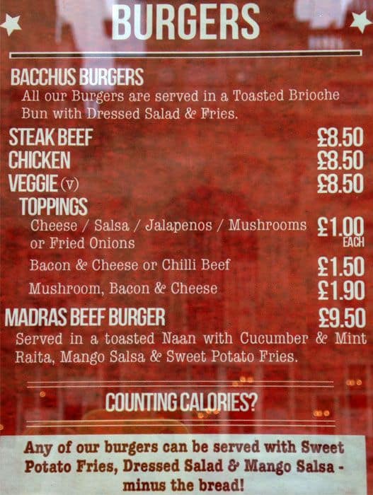 Menu at Bacchus Bar, Glasgow