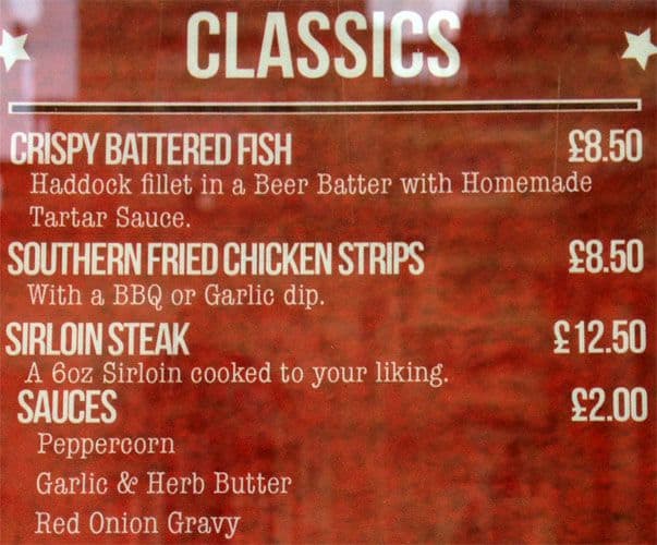 Menu at Bacchus Bar, Glasgow