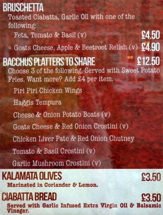 Menu at Bacchus Bar, Glasgow