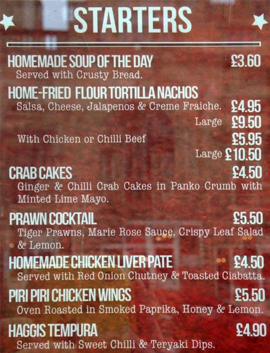 Menu at Bacchus Bar, Glasgow
