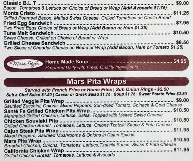 Menu at Mars Diner restaurant, Toronto