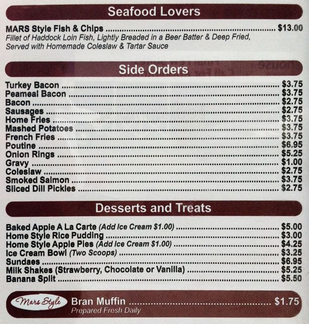 Menu at Mars Diner restaurant, Toronto