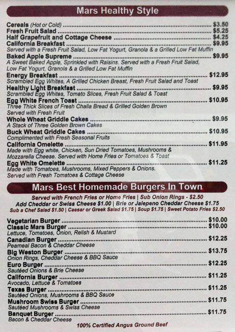 Menu at Mars Diner restaurant, Toronto