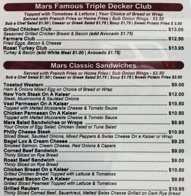 Menu at Mars Diner restaurant, Toronto