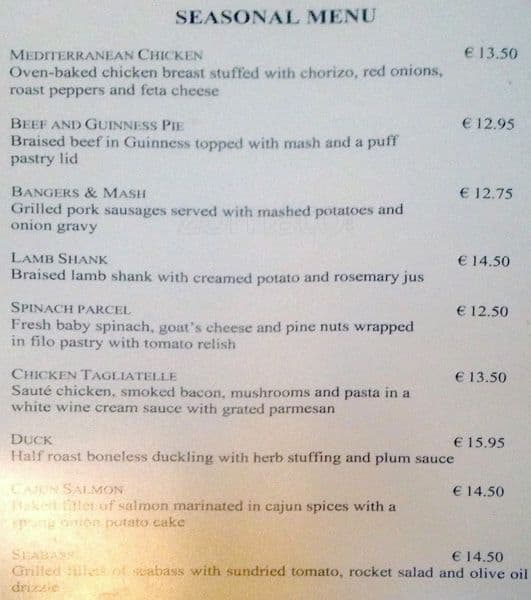Menu at The Barge, Dublin