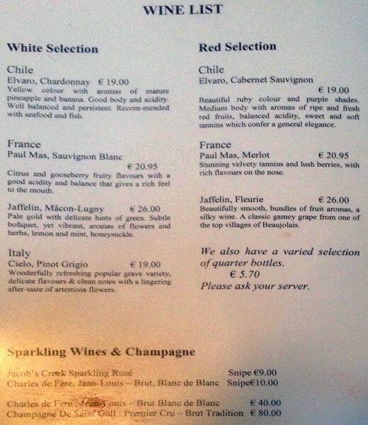 Menu at The Barge, Dublin