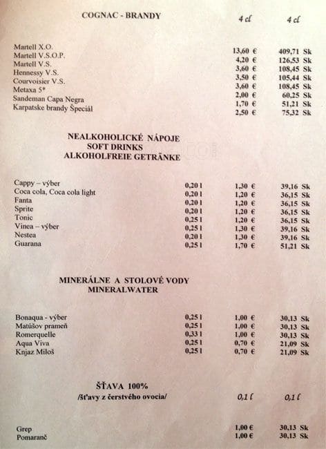 Menu at Reštaurácia - Hotel Nivy, Slovakia