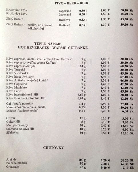 Menu at Reštaurácia - Hotel Nivy, Slovakia