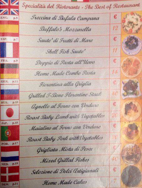 Menu at Ristorante "La Tavernetta", Rome, Via Sistina