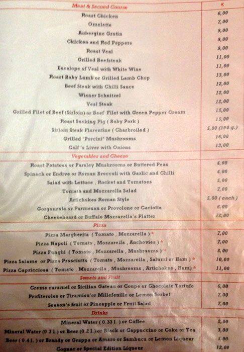 Menu at Ristorante "La Tavernetta", Rome, Via Sistina