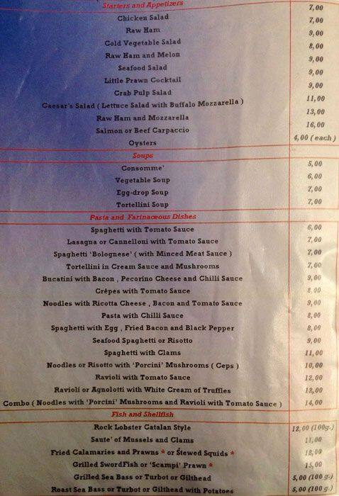 Menu at Ristorante "La Tavernetta", Rome, Via Sistina