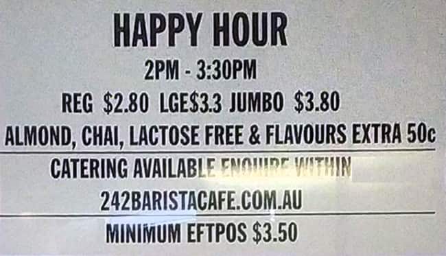 Menu at Barista Cafe, Melbourne