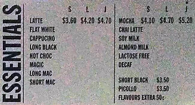 Menu at Barista Cafe, Melbourne