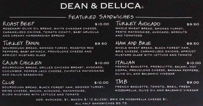 Menu at Dean & DeLuca cafe, Charlotte, Rea Rd