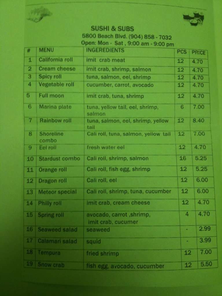 Menu at Sushi & Sub restaurant, Jacksonville