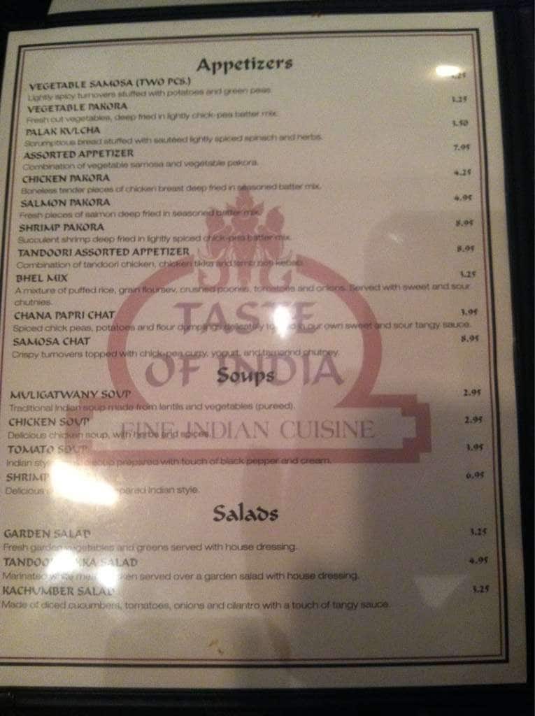 Menu at Taste of India restaurant, Athens, 131 E Broad St