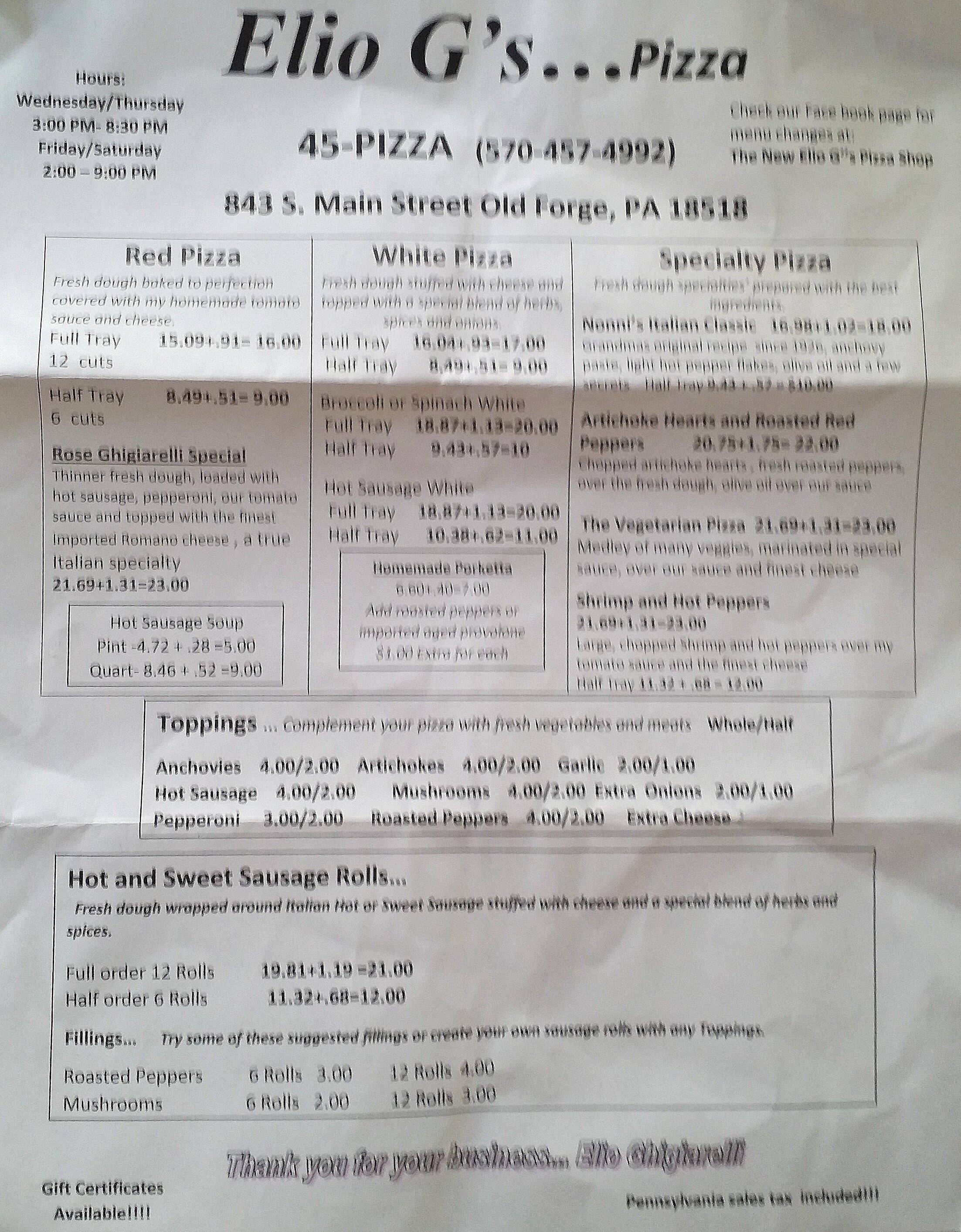 Carta de pizzería Elio G's Pizza, Old Forge