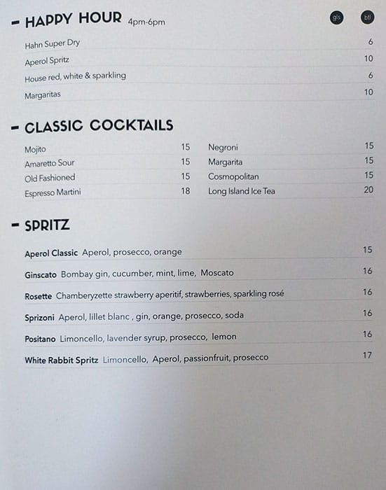 Menu at White Rabbit Sydney CBD pub & bar, Sydney, 28-34 O'Connell St