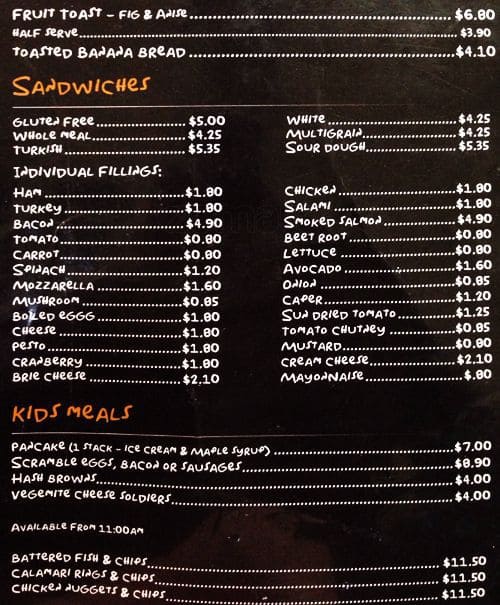 Menu at Madisons cafe, Broadbeach