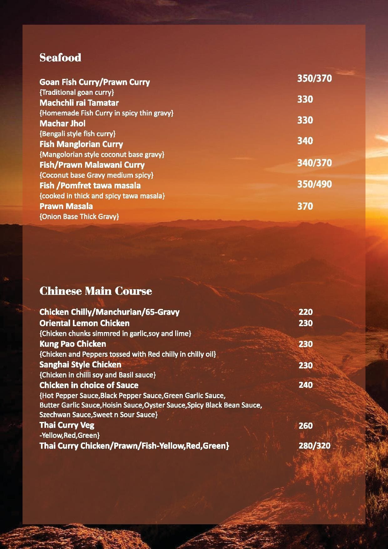 Menu at Hotel Hilltop, Pune