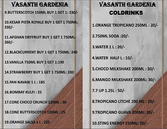Menu at Vasanth Gardenia, Bengaluru