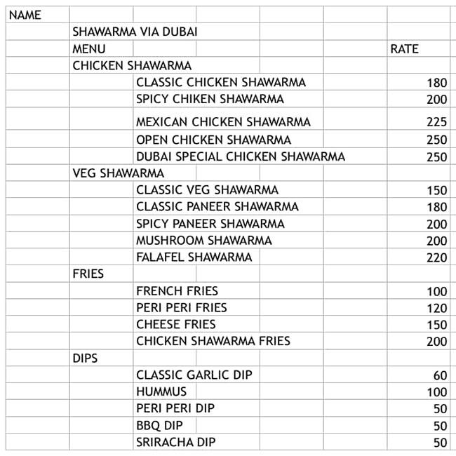 Menu of Shawarma Via Dubai, Khar, Mumbai