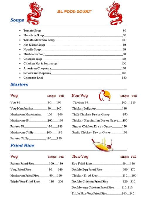Menu of SL Food Court, Vanasthalipuram, Hyderabad