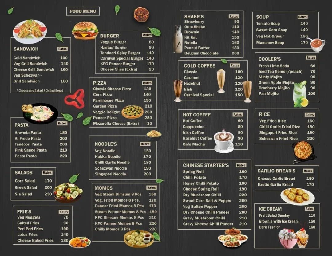 Menu of The Carnivals Cafe, Krishna Nagar, New Delhi