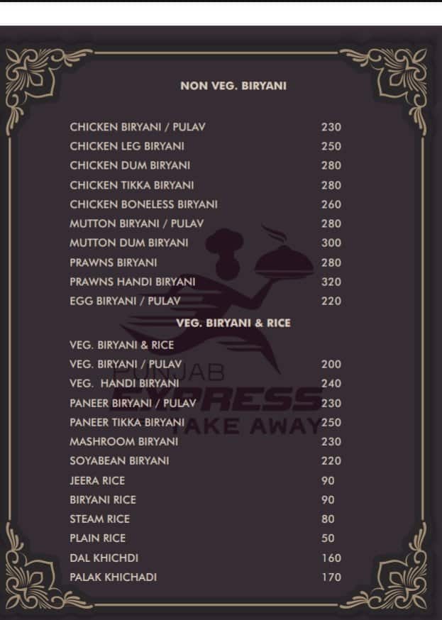 Menu of Punjab Express Takeaway, Kurla, Mumbai