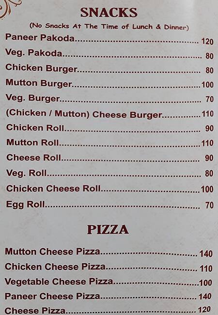 Menu at Arfa hotel, Mumbai